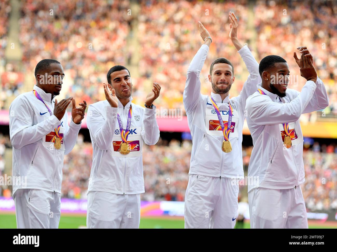 Britain's Men's 4x100 meters relay team, from left, Chijndu Utah, Adam ...