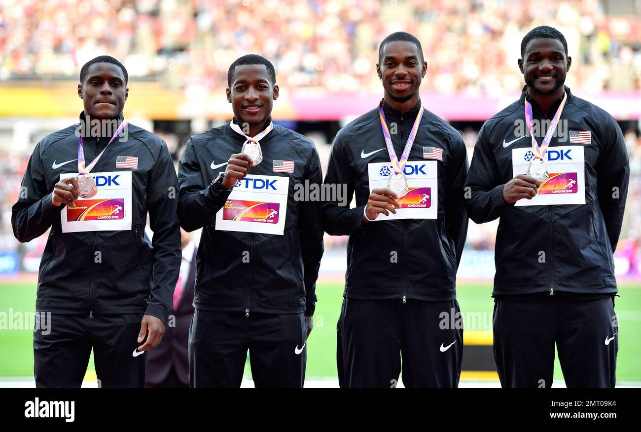 United Staes' Men's 4x100 meters relay team, from left, Christian ...