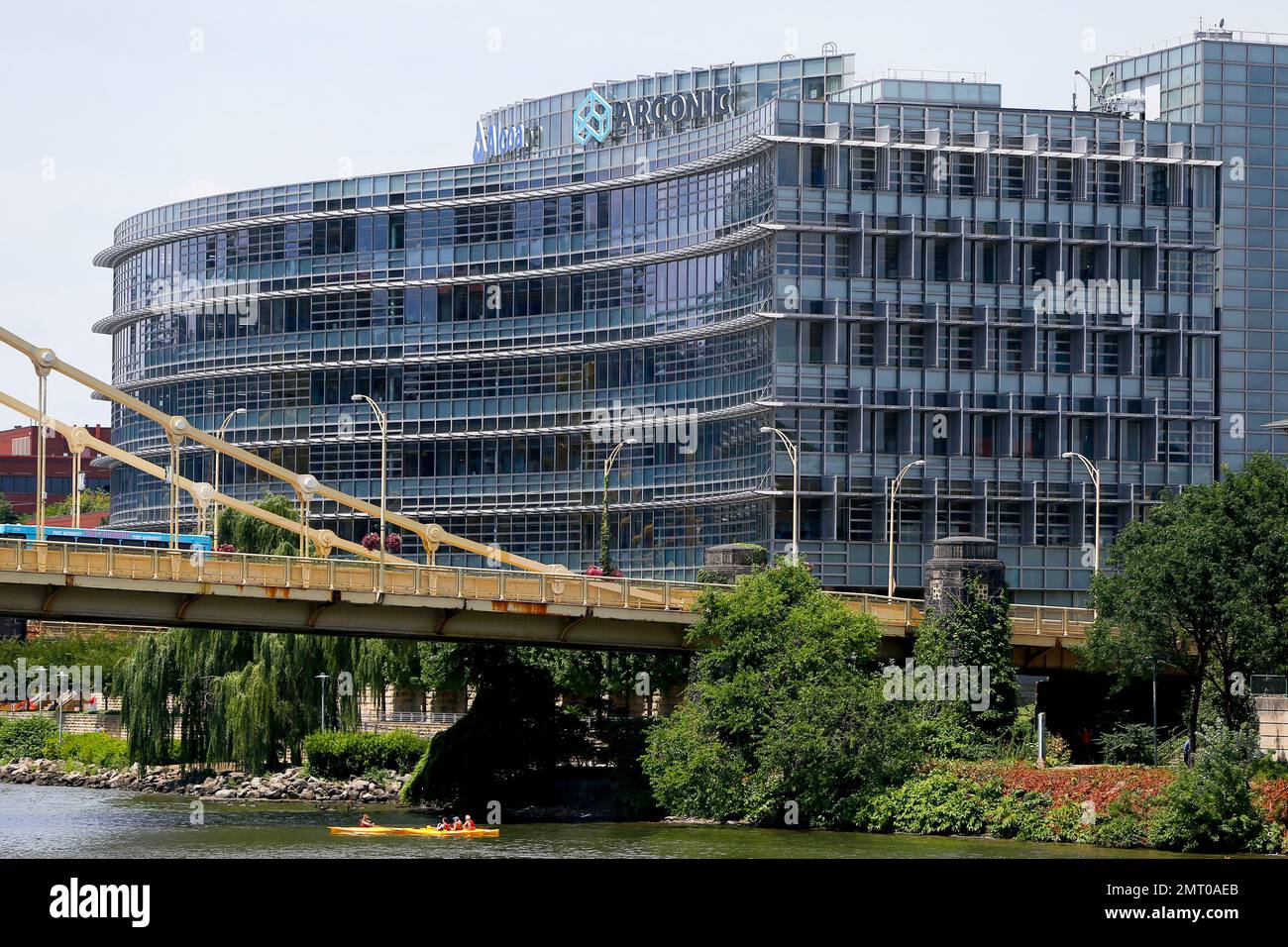 The office building for Alcoa and Arconic are seen on the north shore ...