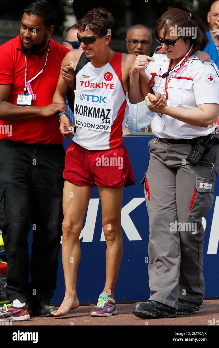 Turkey's Salih Korkmaz is attended to after suffering an injury in the ...