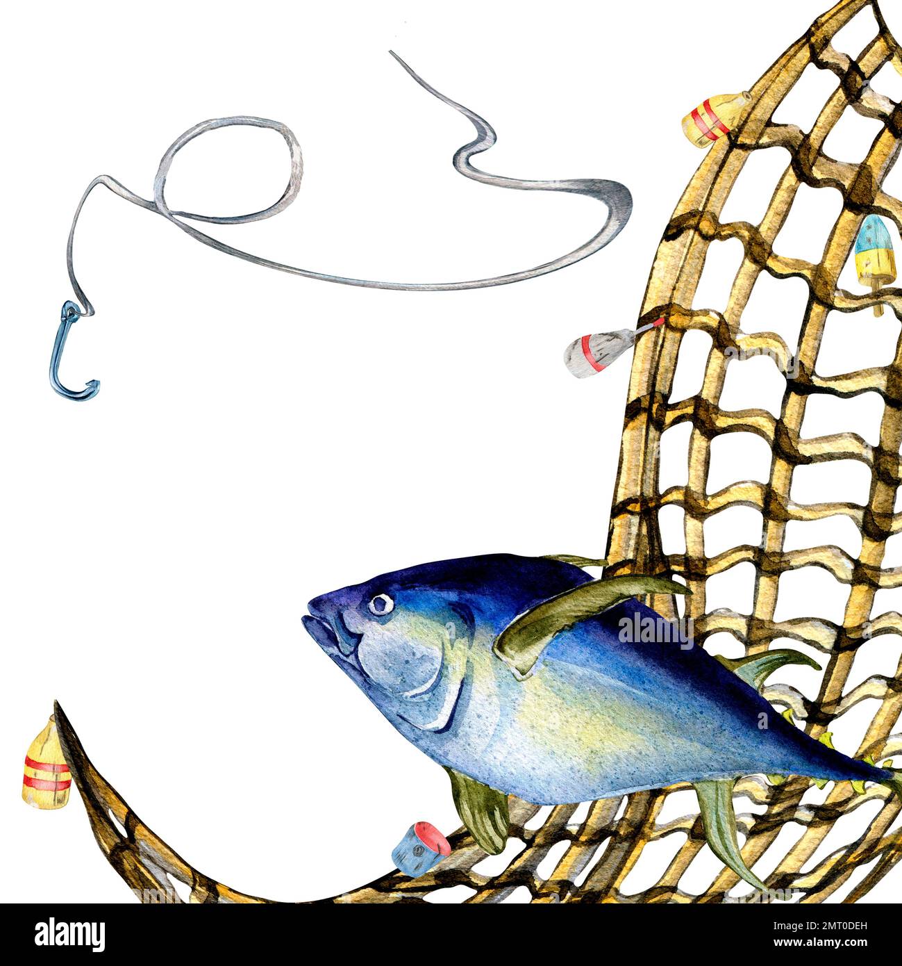 Composition of tuna and fishnet watercolor illustration isolated on ...