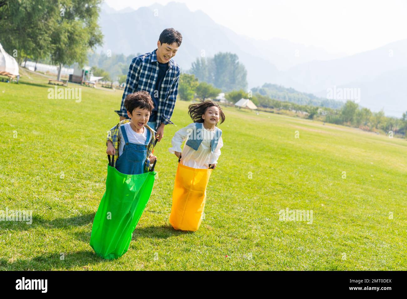 Father and children playing games on the grass Stock Photo - Alamy