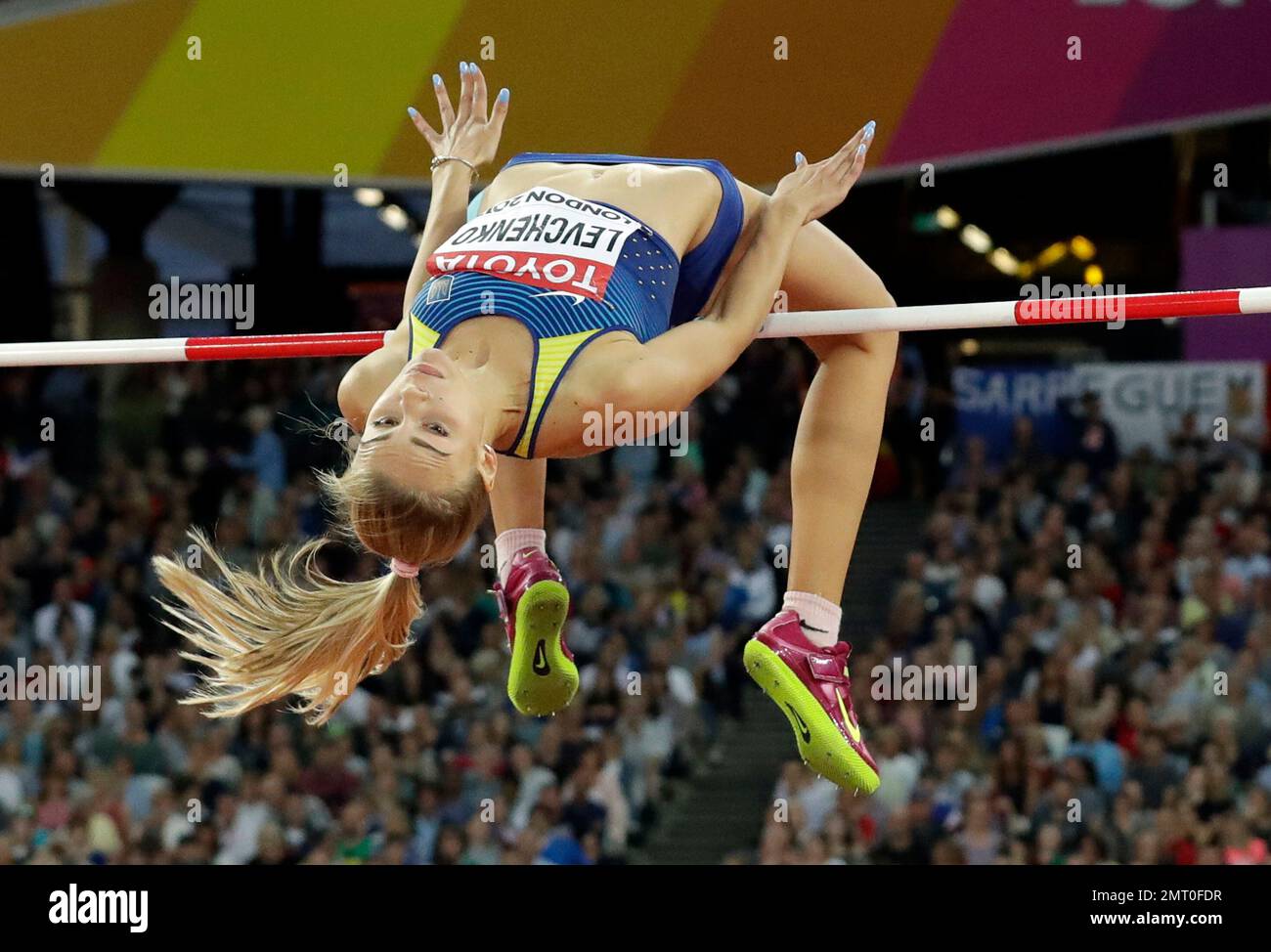 Ukraine's Yuliia Levchenko makes an attempt in the women's high jump ...