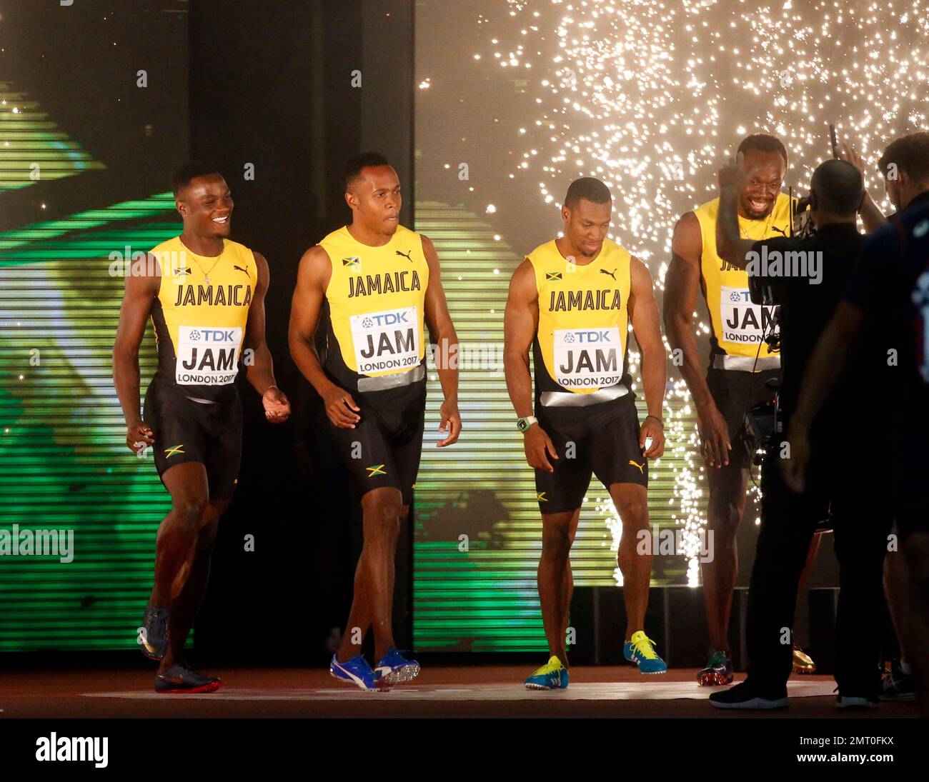 From left, Jamaica's Omar McLeod, Julian Forte, Yohan Blake and Usain ...