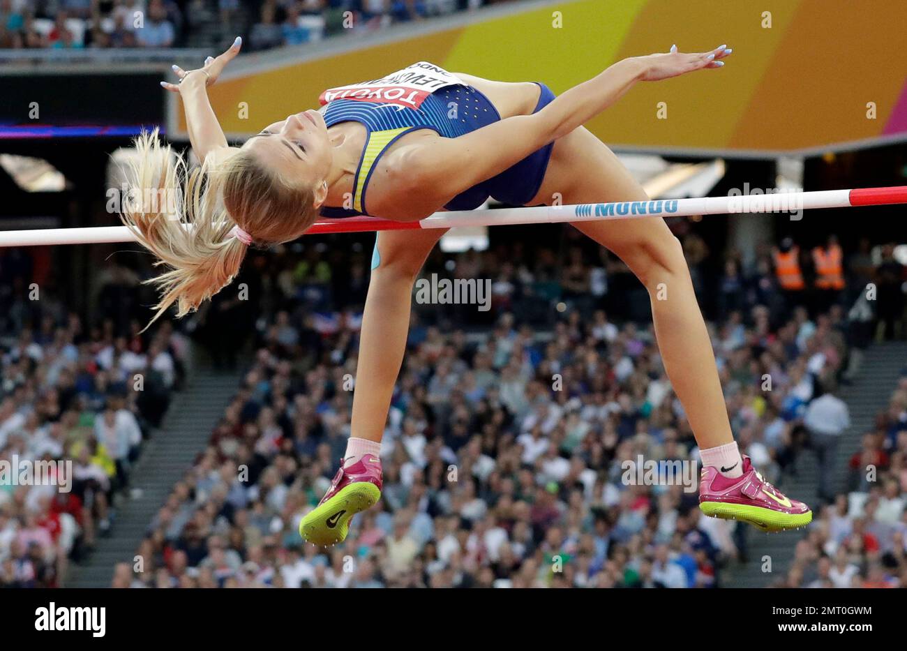 Ukraine's Yuliia Levchenko makes an attempt in the women's high jump ...