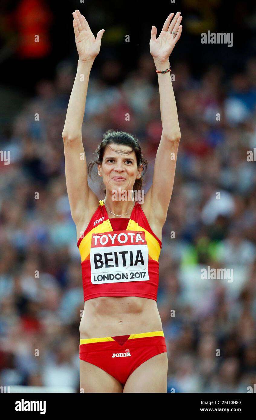 Spain's Ruth Beitia waves after an attempt in the women's high jump ...