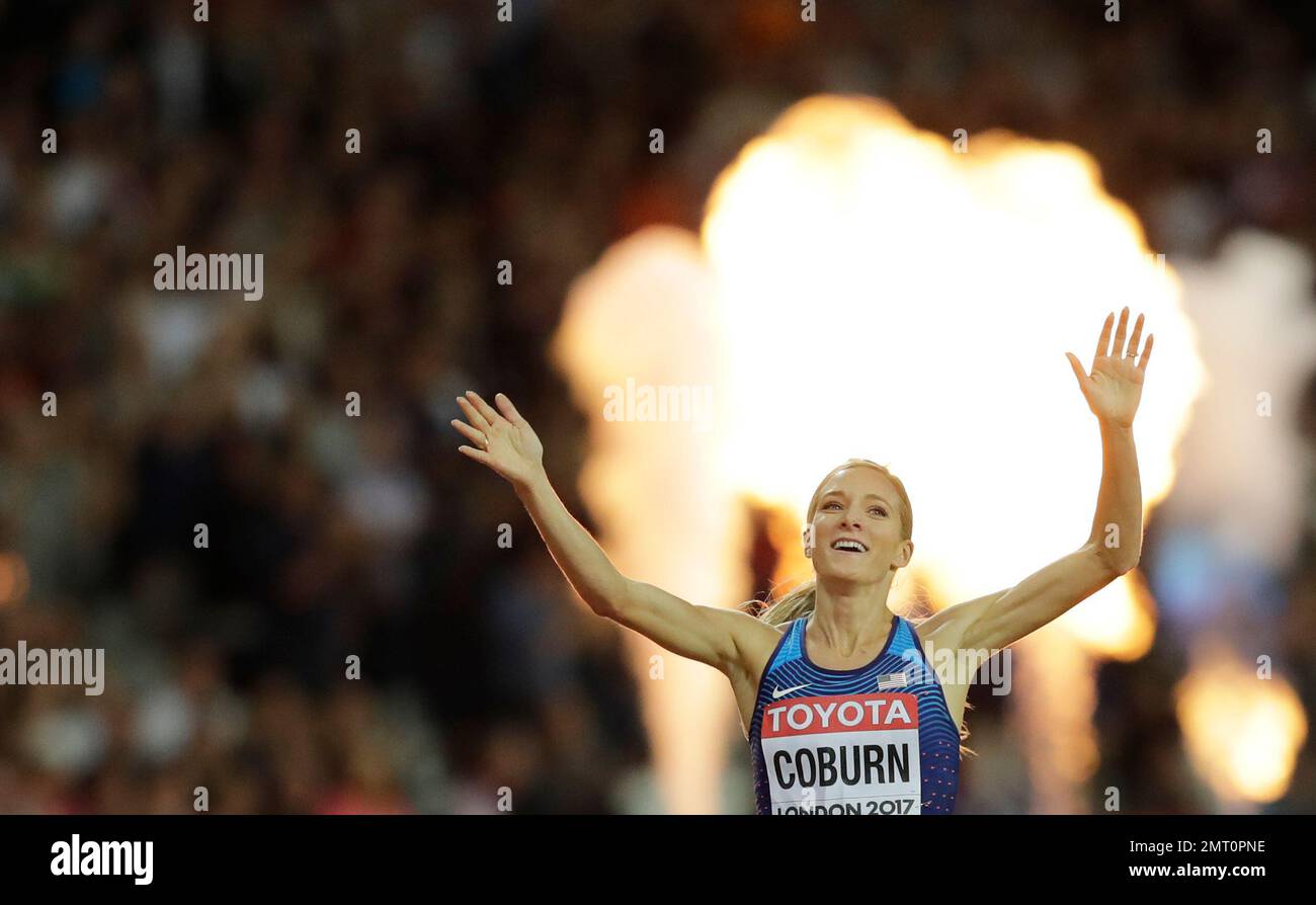 United States' Emma Coburn celebrates after winning the Women's 3000 ...