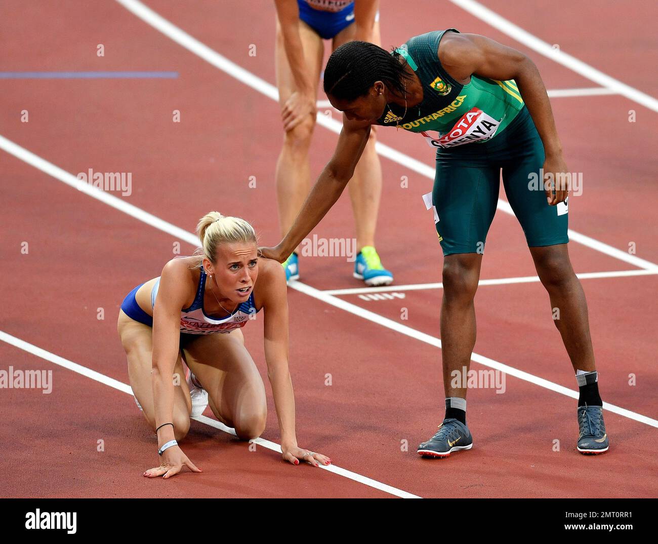 South Africa's Caster Semenya, right, talks with Britain's Lynsey Sharp ...