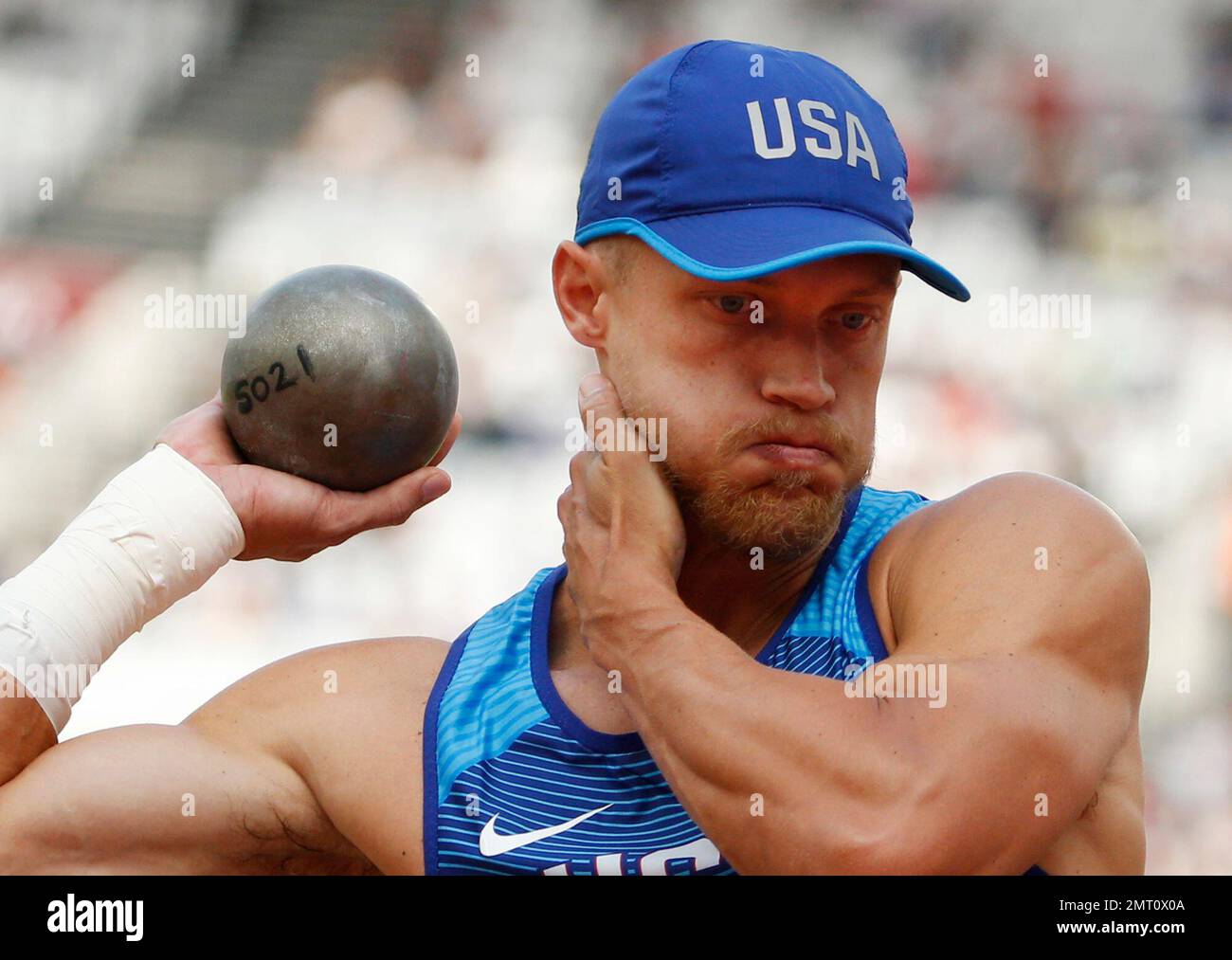 United States' Trey Hardee prepares an attempt in the shot put of the ...