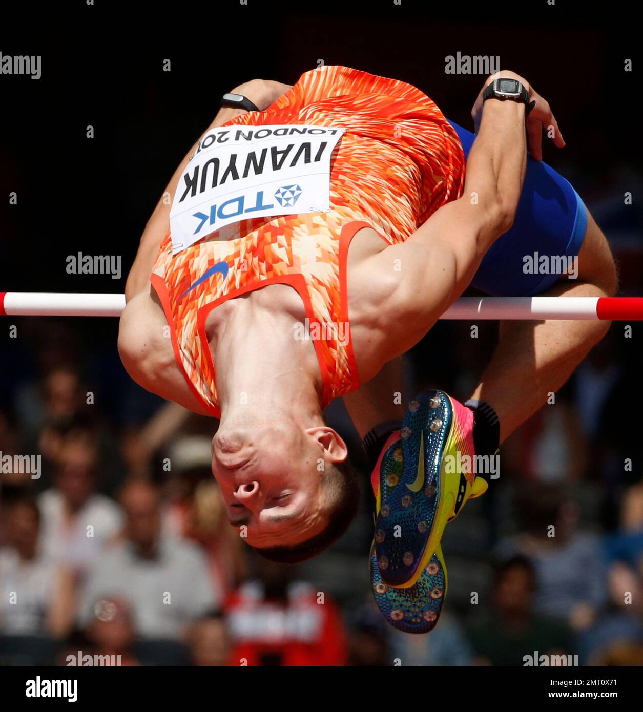 Russia's Ilya Ivanyuk makes an attempt in the men's high jump ...