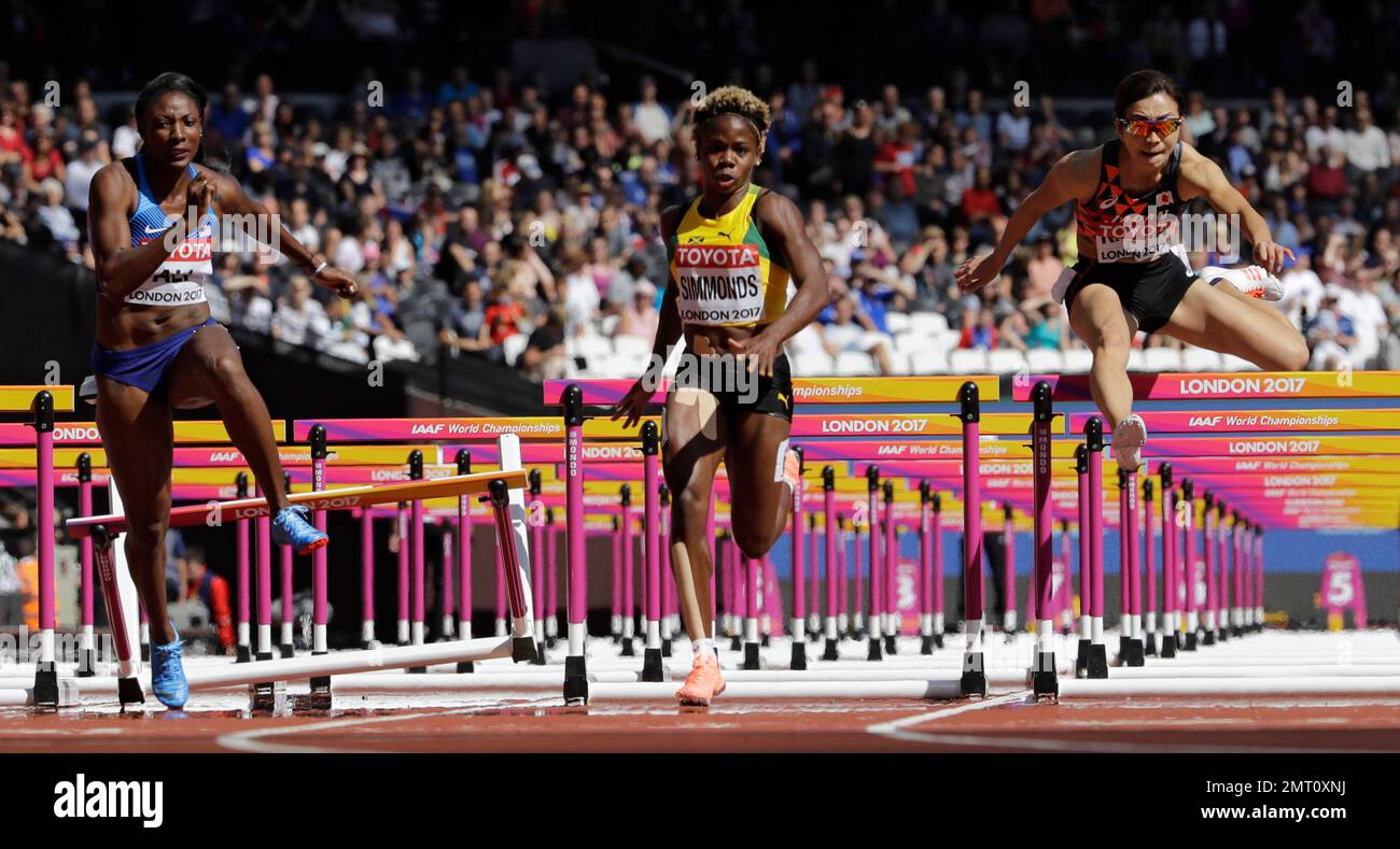 Jamaica's Megan Simmonds, center, United States' Nia Ali and Japan's ...