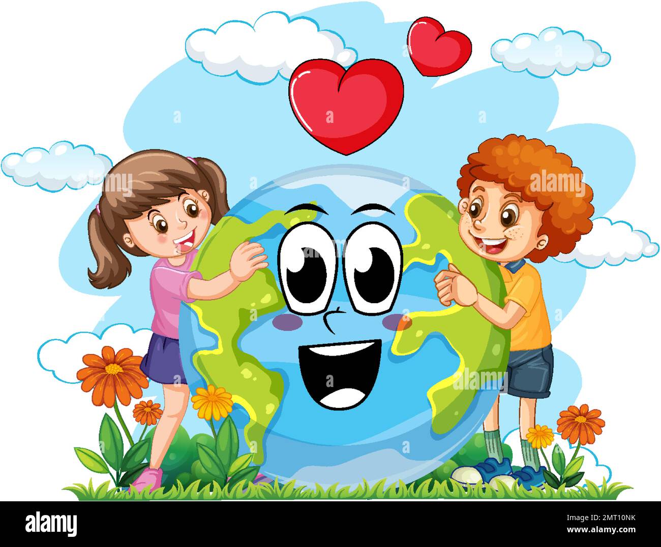 Two kids hugging earth globe in cartoon style illustration Stock Vector ...