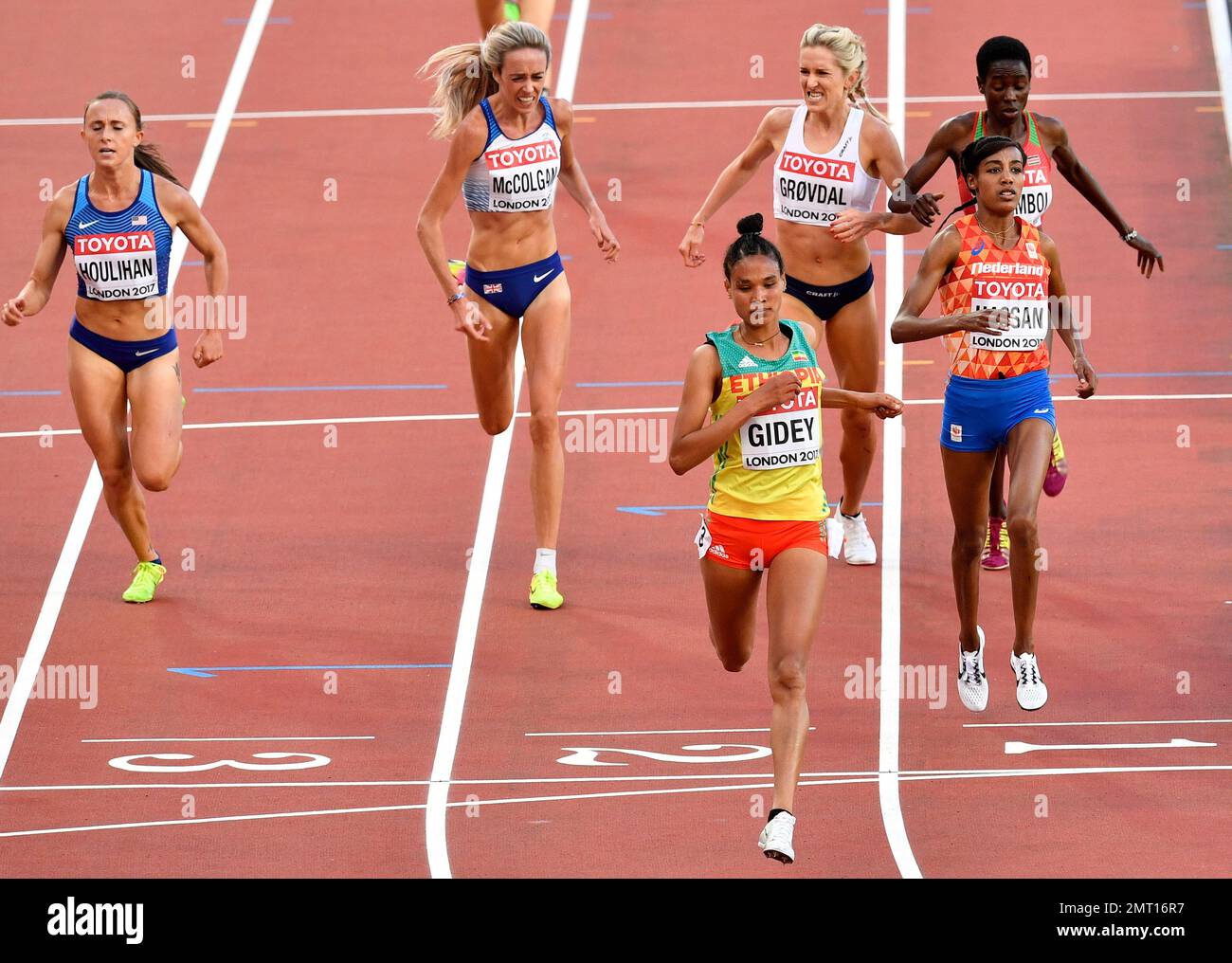 Ethiopia's Letesenbet Gidey leads the the field to the finish line to ...