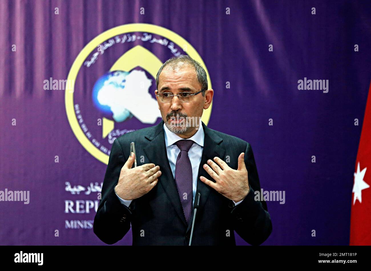 Jordanian Foreign Minister Ayman al-Safadi speaks during a joint press ...