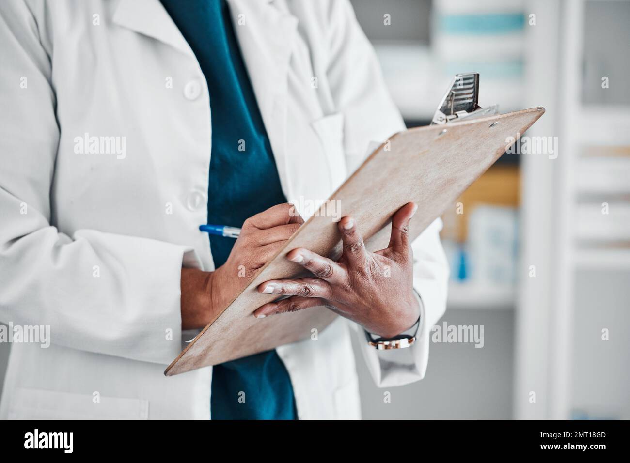 Pharmacy, inventory and hands of woman with clipboard for checklist ...