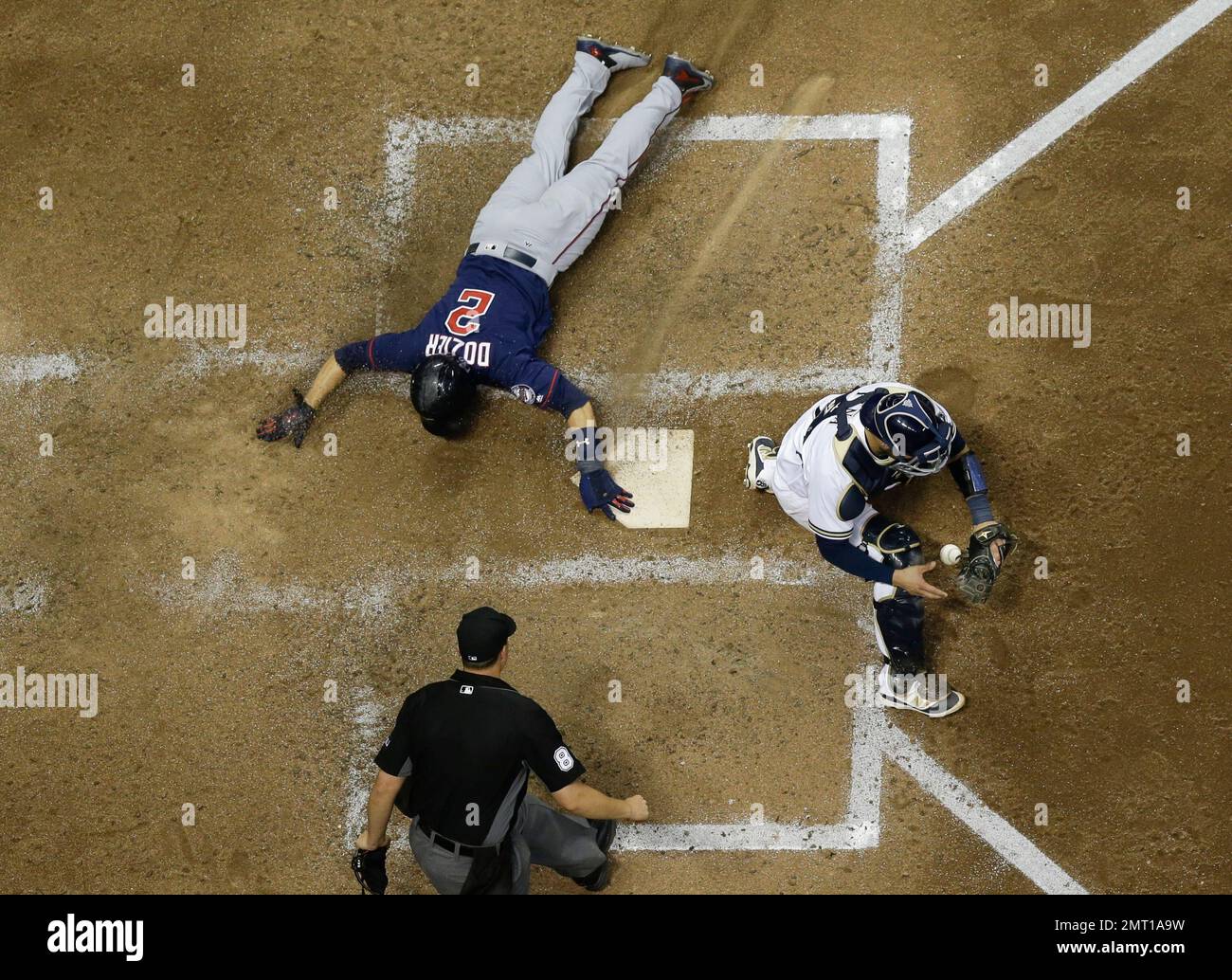 Minnesota Twins' Brian Dozier scores past Milwaukee Brewers catcher ...