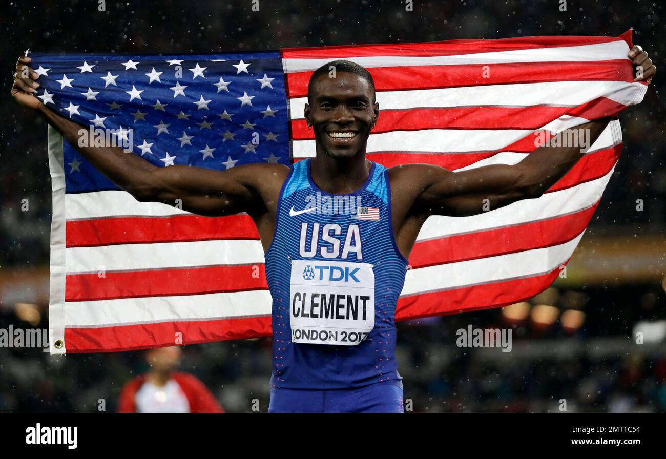 United States' Kerron Clement celebrates after winning the bronze medal ...