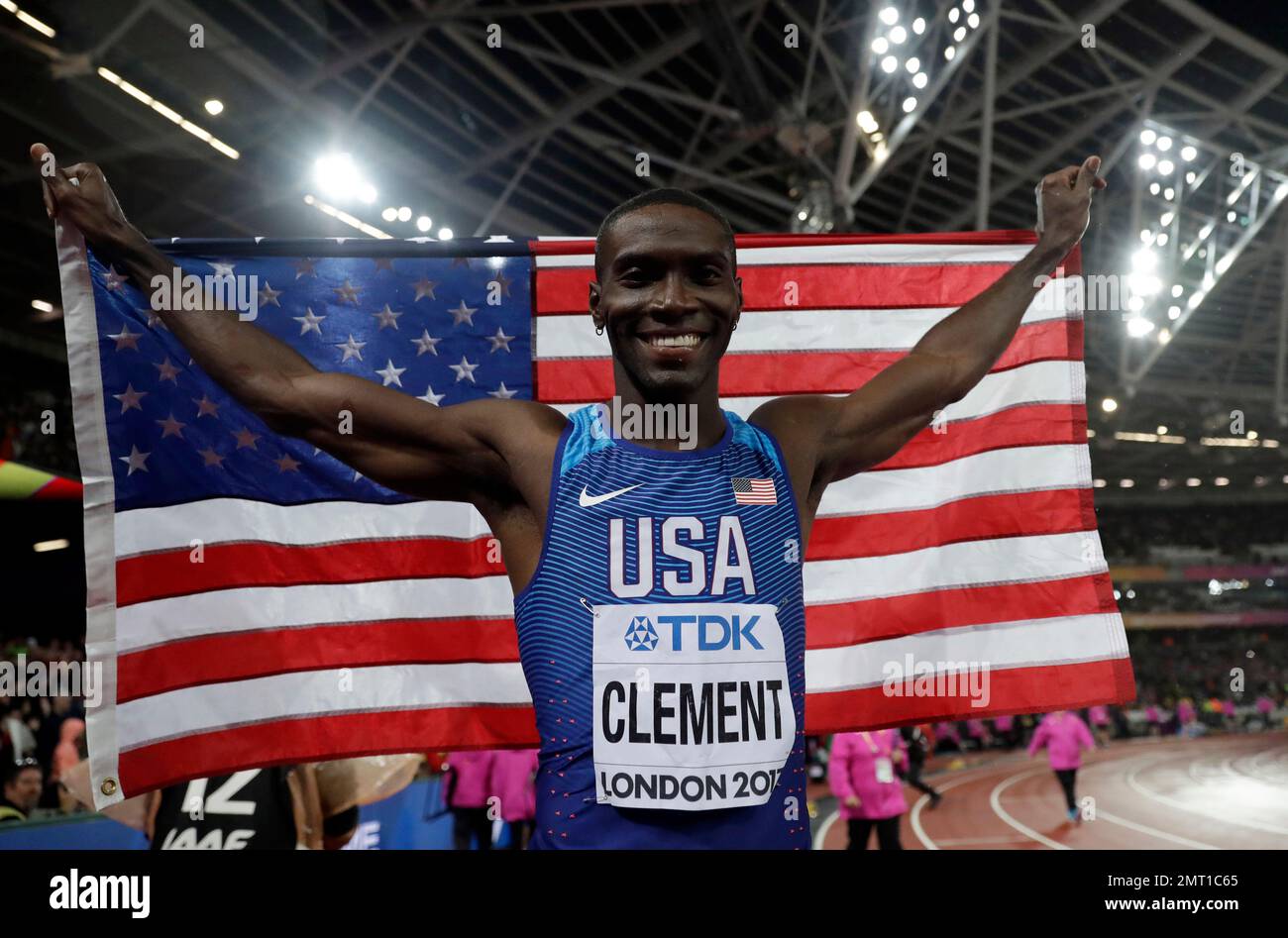 United States' Kerron Clement celebrates after winning the bronze medal ...