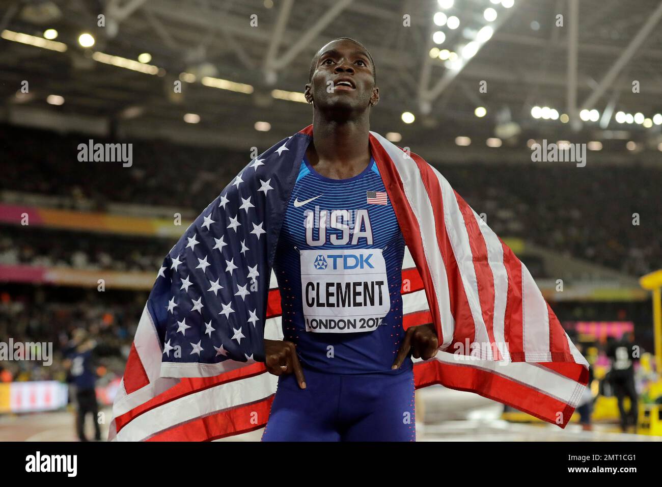 United States' Kerron Clement celebrates at the finish line after ...