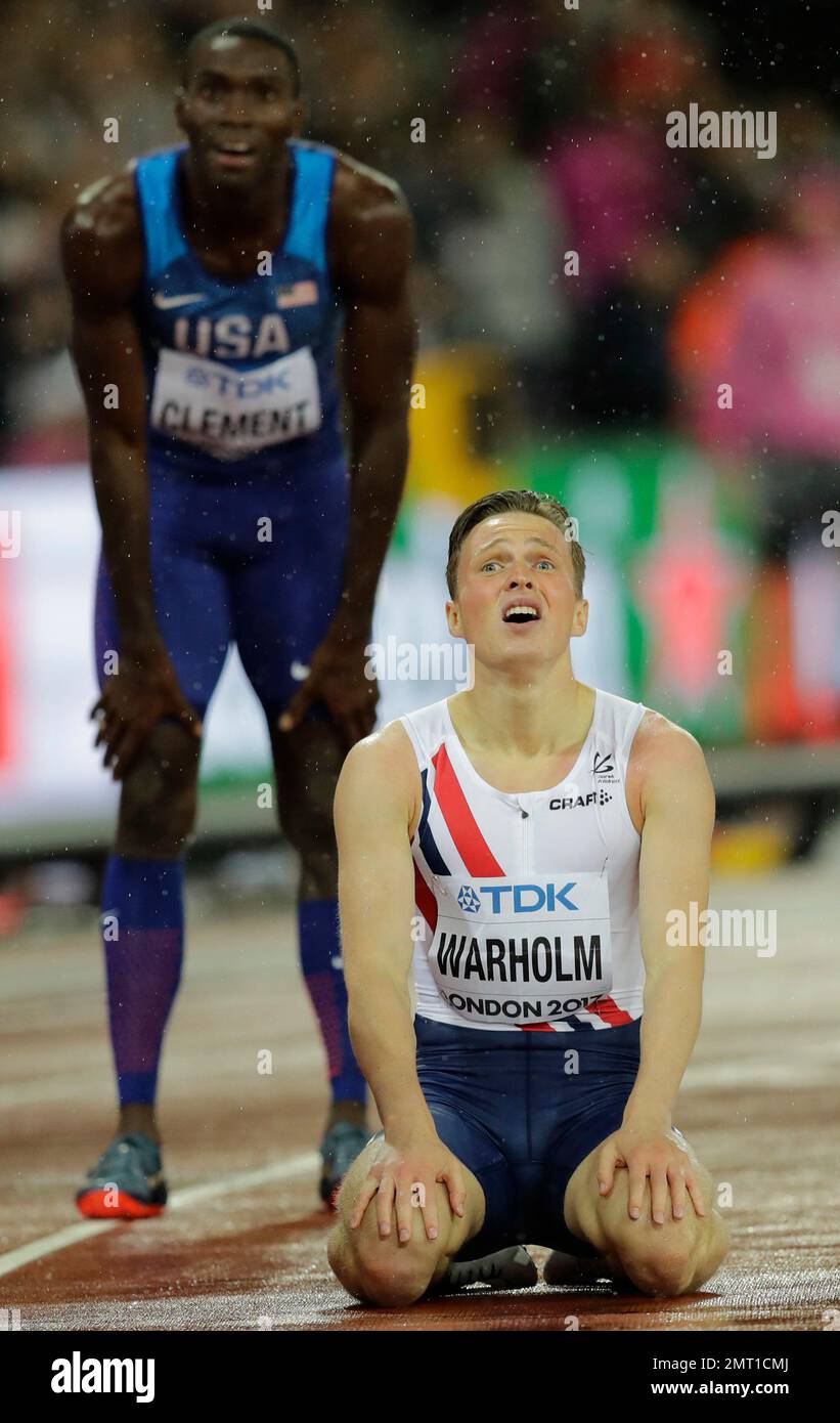 Norway's Karsten Warholm reacts at the finish line after the men's 400 ...