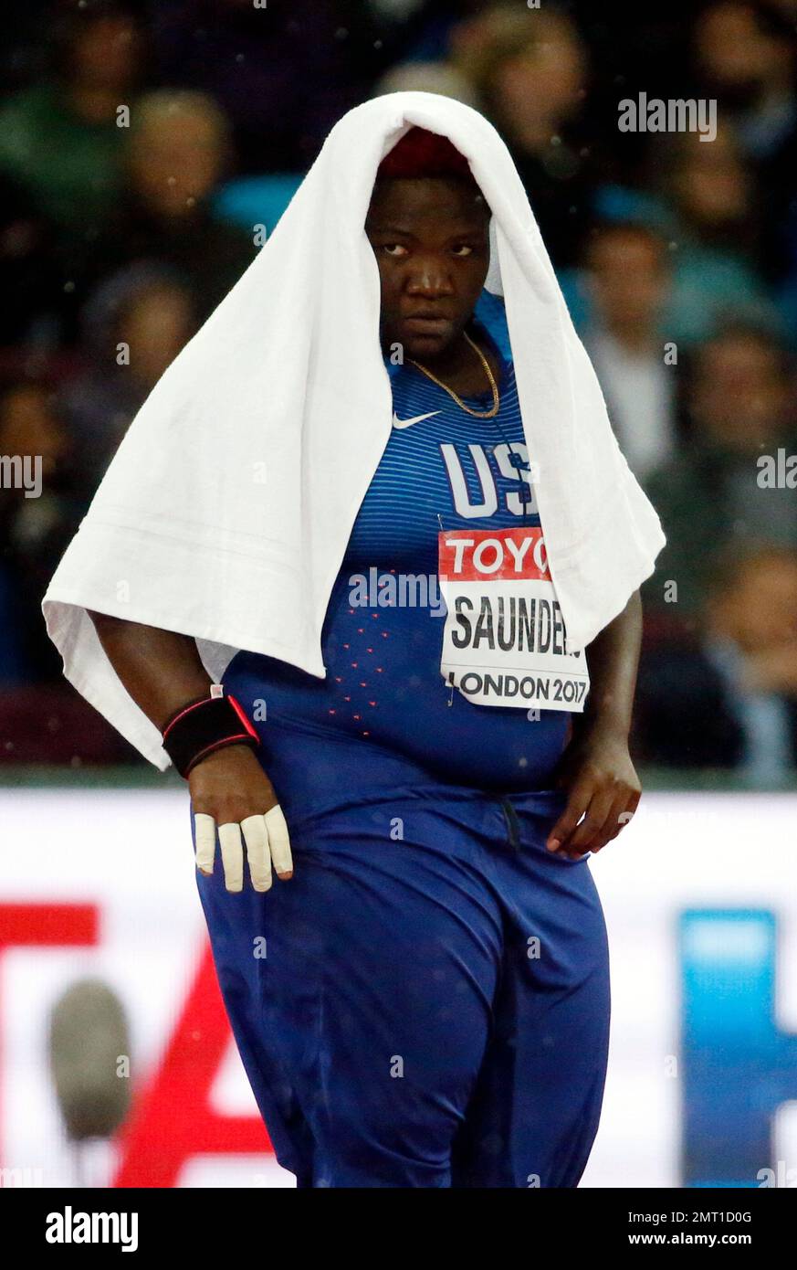 United States' Raven Saunders prepares before an attempt in the women's ...