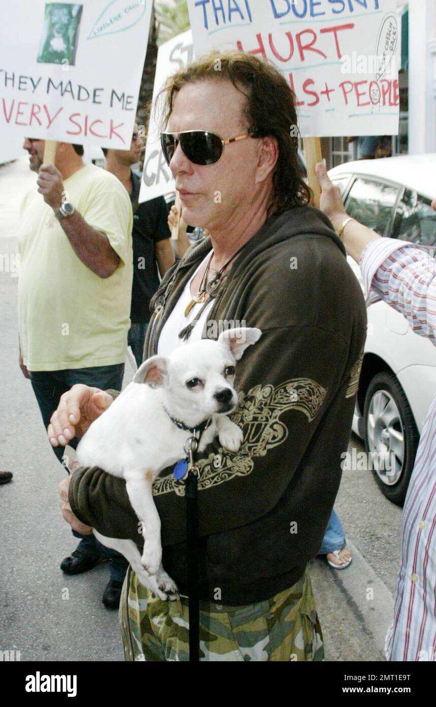 Mickey Rourke leads a rally outside Hot Dog Puppies in South Beach, Fl ...
