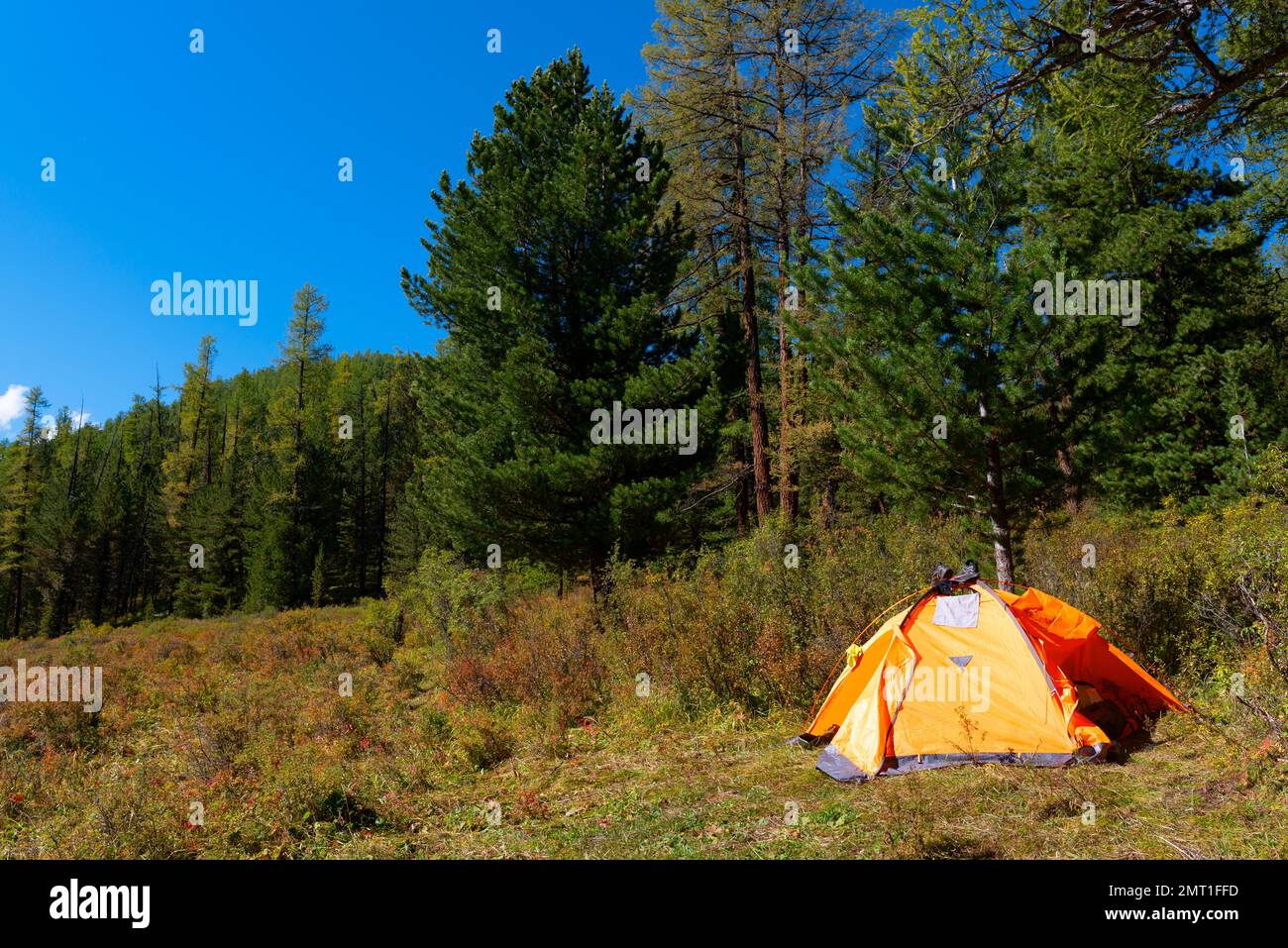 An orange tourist tent is drying open with trekking shoes upstairs in ...