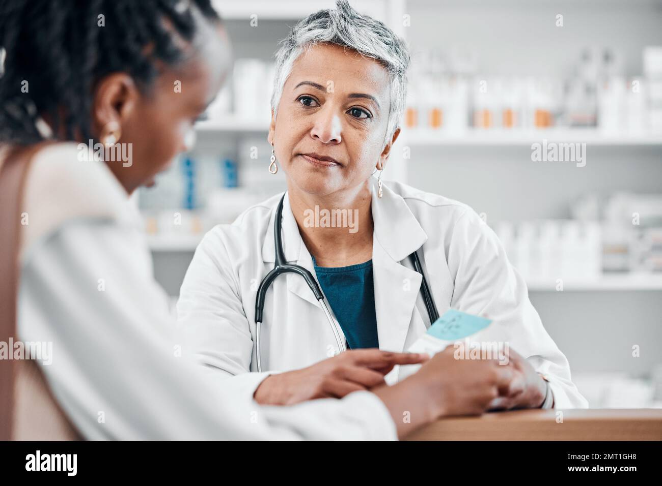 Pharmacy, senior woman help client and prescription for healthcare ...