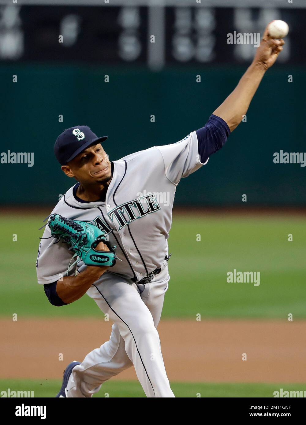 Seattle Mariners starting pitcher Ariel Miranda throws to the Oakland ...