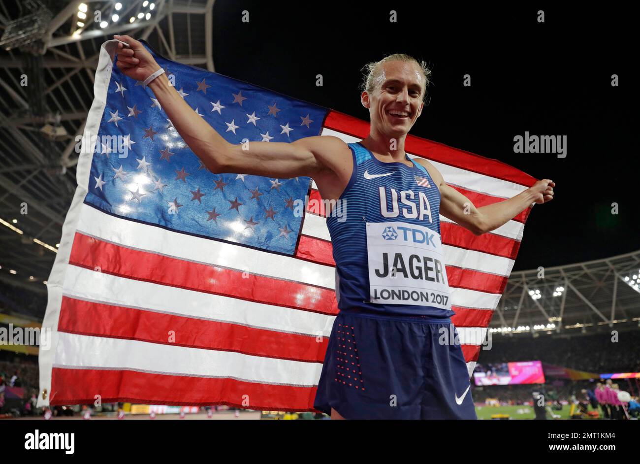 United States' Evan Jager celebrates after winning the bronze medal in ...