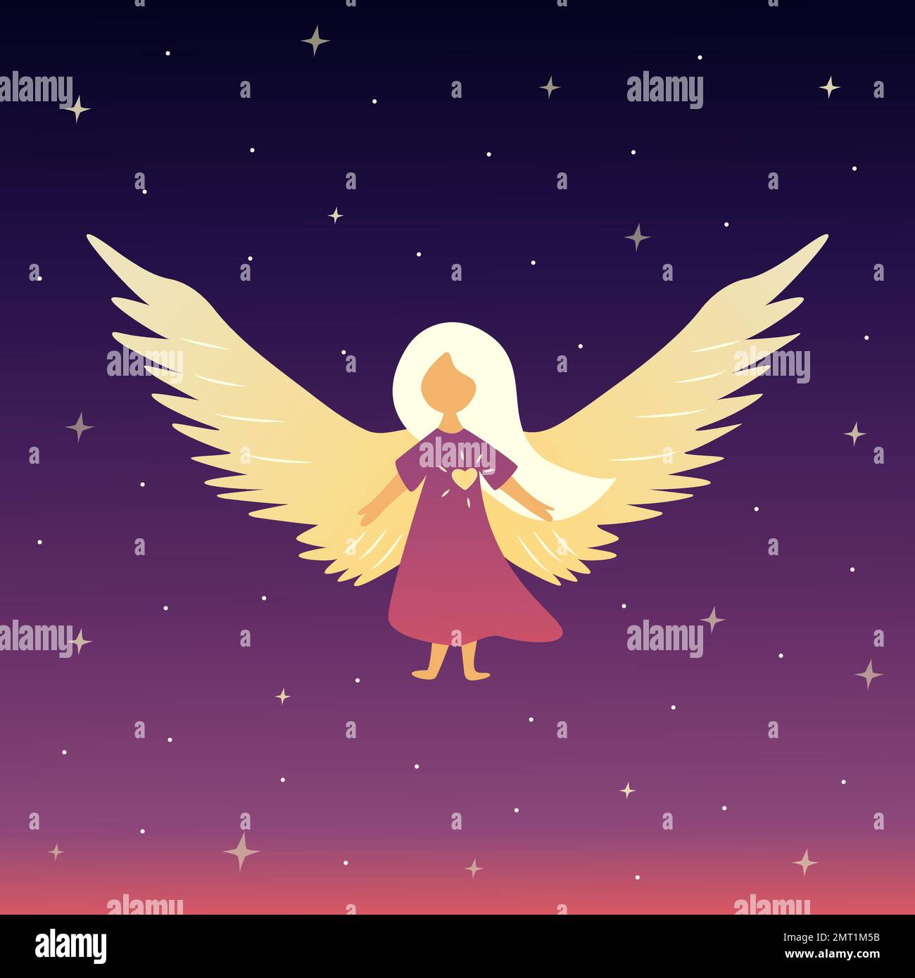 Girl angel with outspread wings and long white hair soars in starry ...