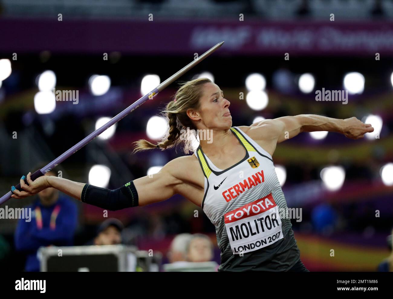 Germany's Katharina Molitor makes an attempt in the women's javelin final during the World ...