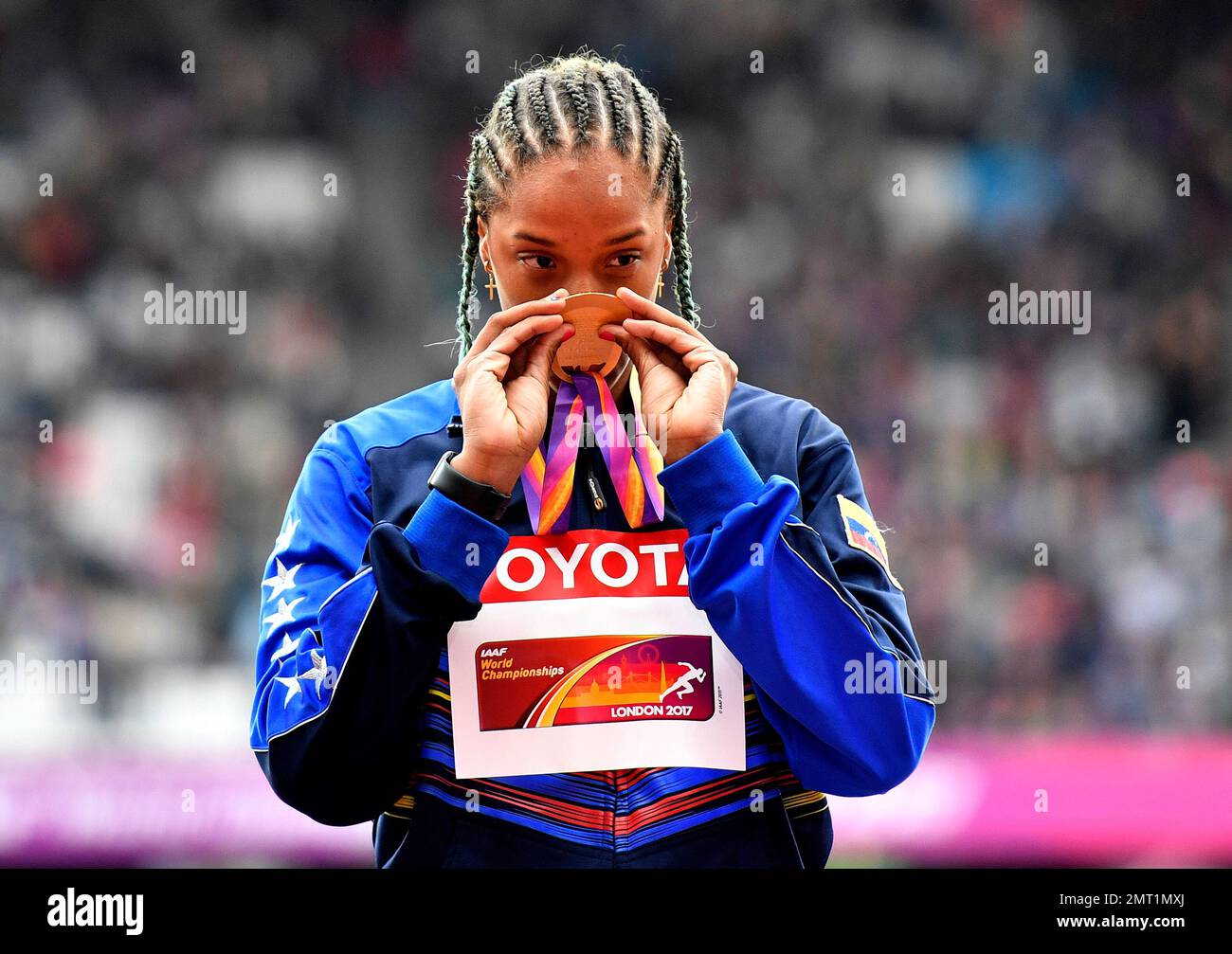 Women's triple jump gold medalist Venezuela's Yulimar Rojas celebrates ...