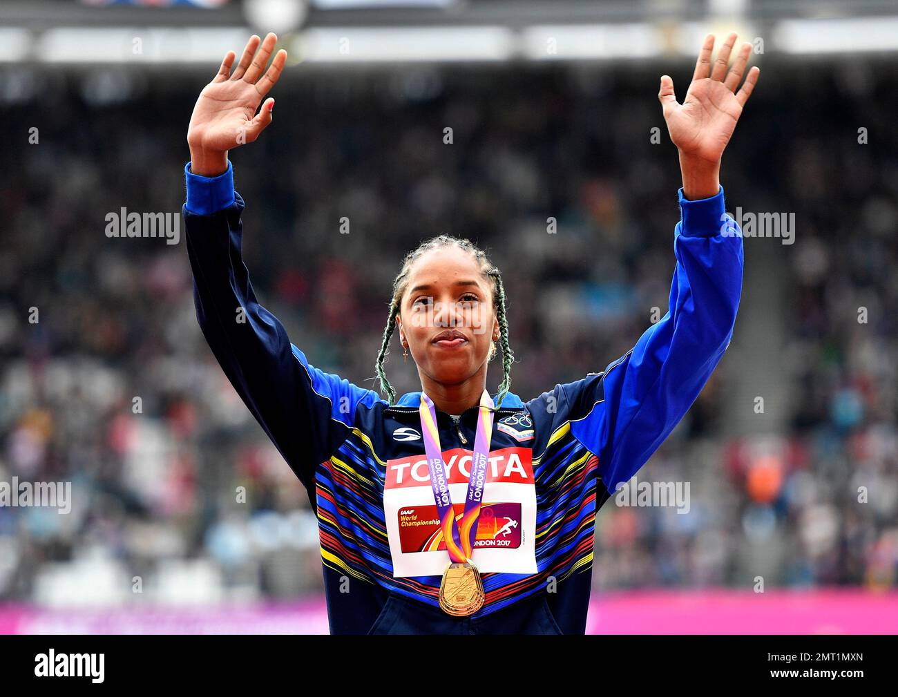 Women's triple jump gold medalist Venezuela's Yulimar Rojas waves from ...