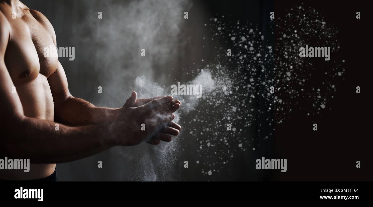 Fitness chalk, black man hands and exercise training of a gym, workout ...