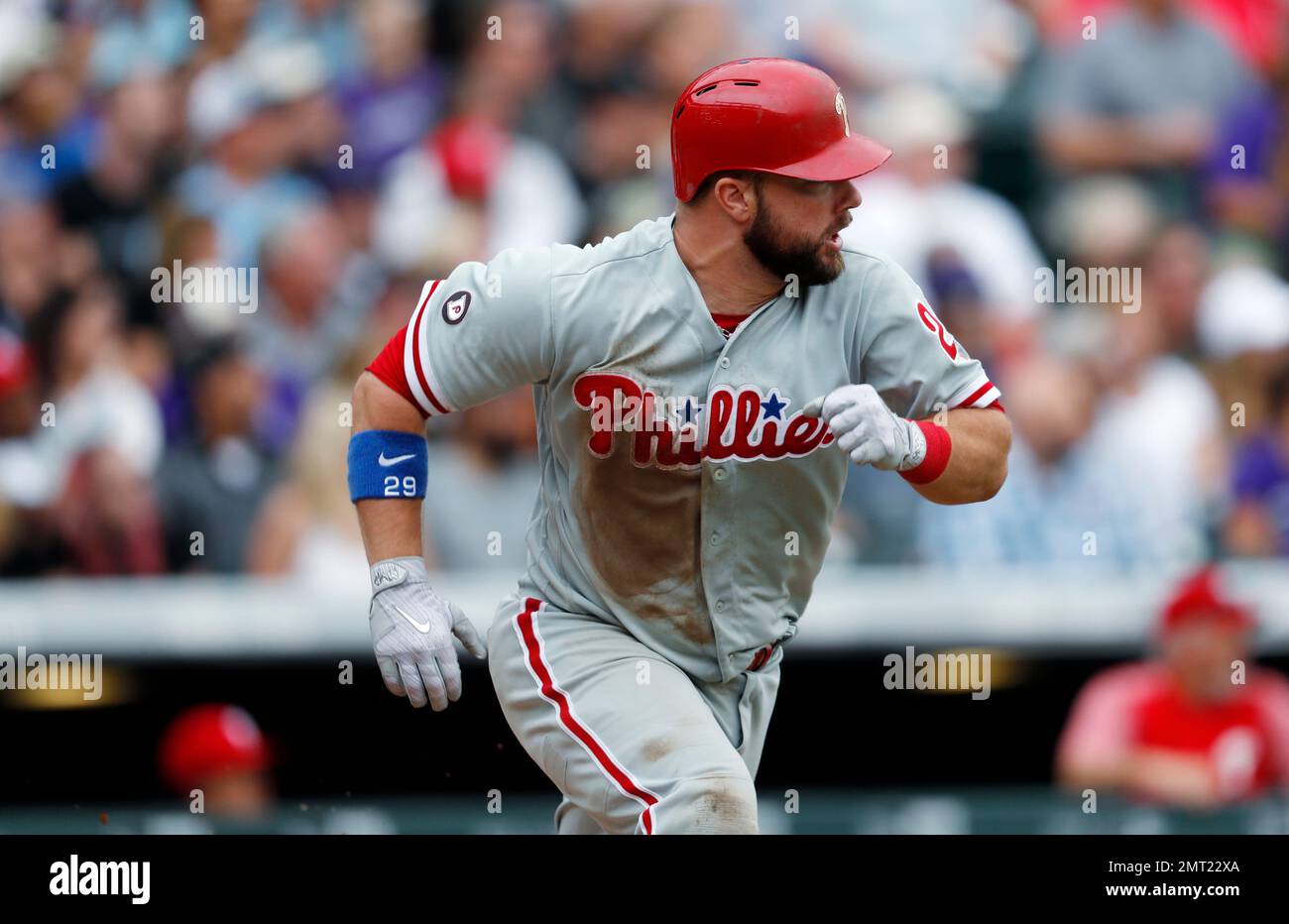 Philadelphia Phillies' Cameron Rupp follows the flight of his double to ...