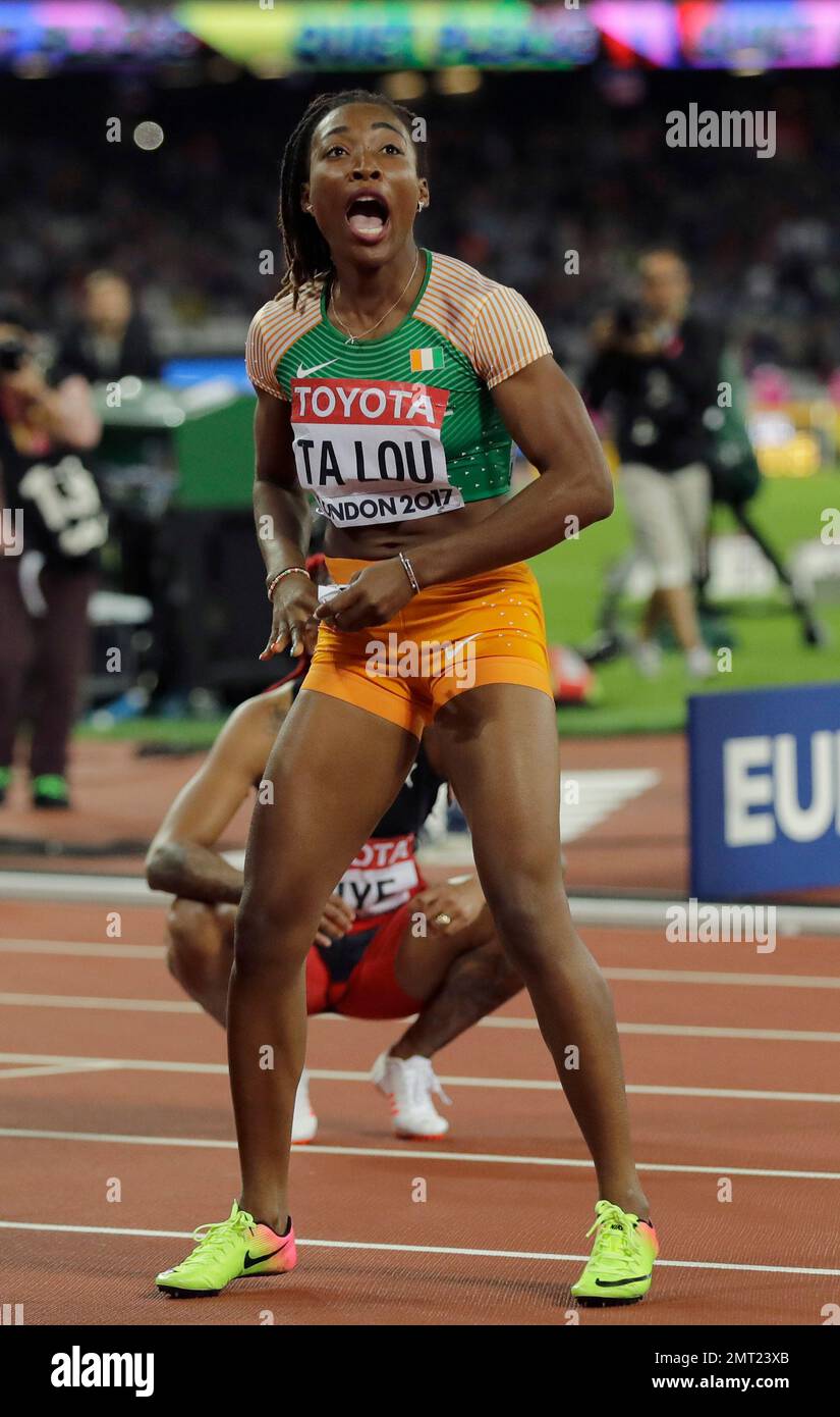 Ivory Coast's Marie-Josee Ta Lou reacts after winning the silver medal ...