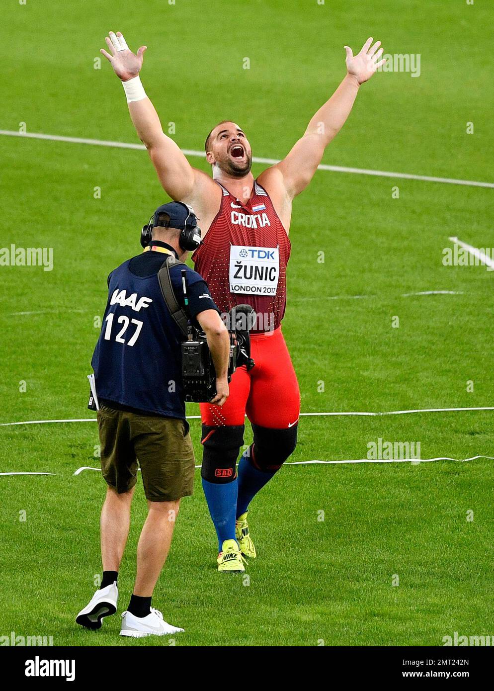 Croatia's Stipe Zunic reacts after his final throw in the men's shot ...