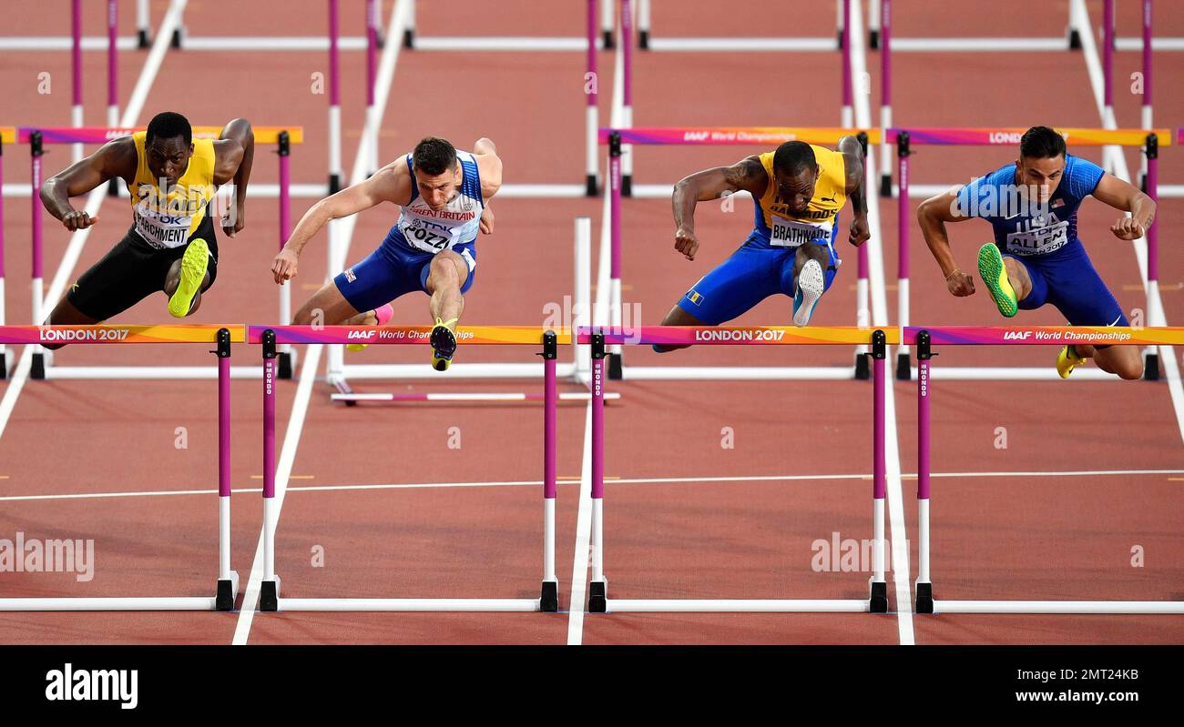 Men's 110 meters hurdles semifinal runners from left, Jamaica's Hansle ...