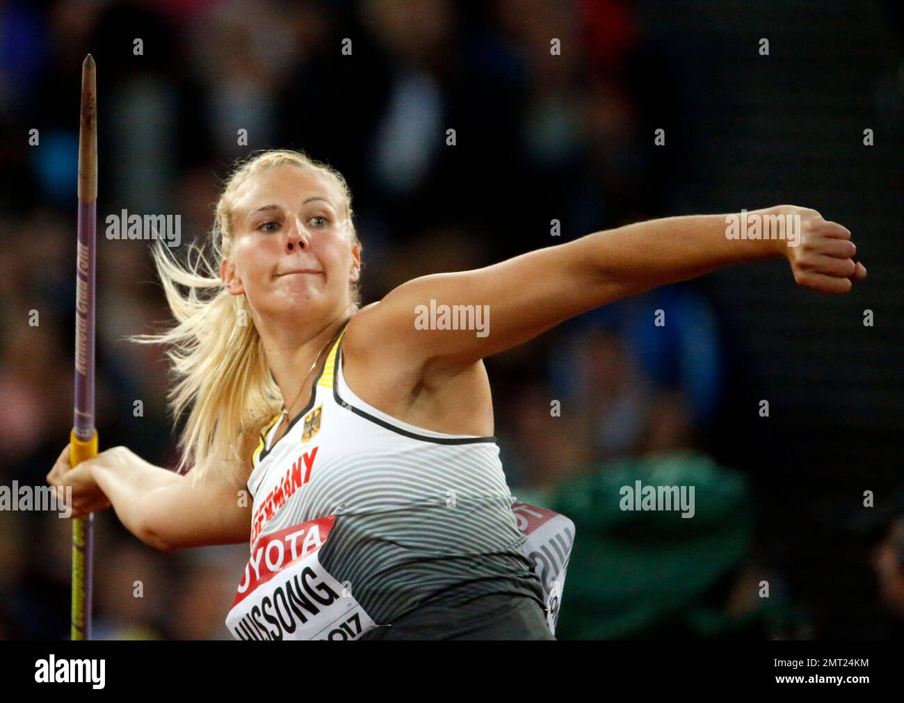 Germany's Christin Hussong makes an attempt in the women's javelin ...