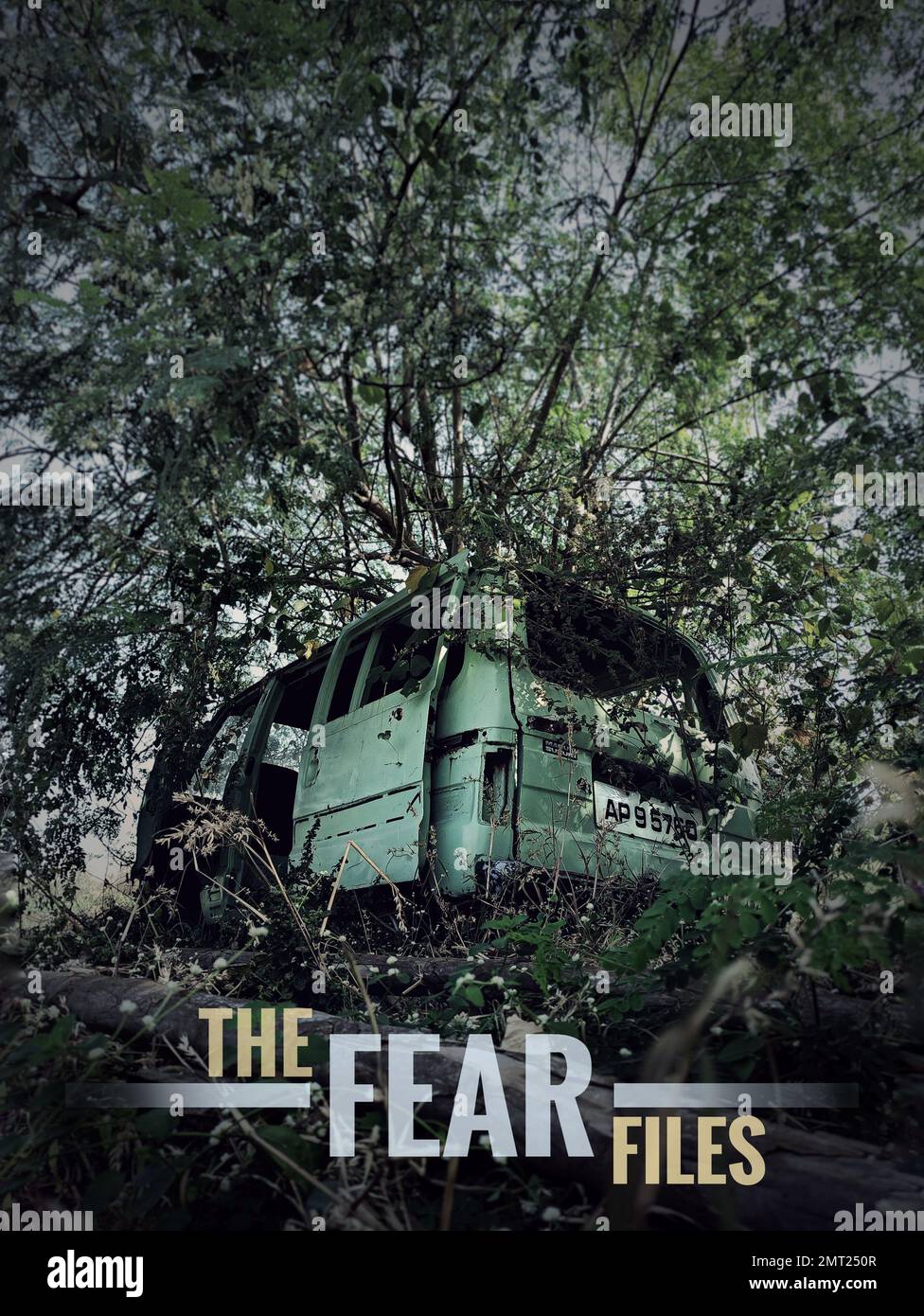 A vertical poster 'the fear files' with an abandoned bus in the ...