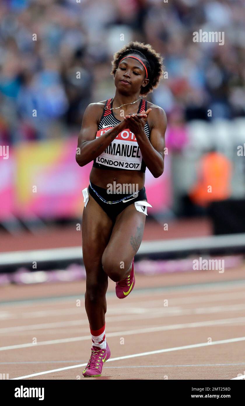 Canada's Crystal Emmanuel reacts after finishing her Women's 100 meters ...