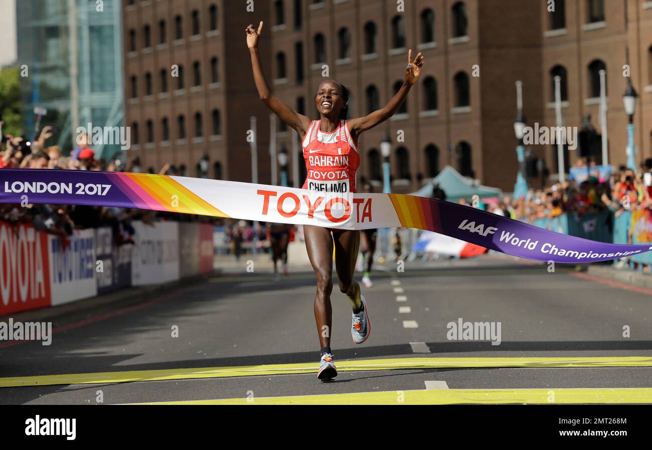 Bahrain's Rose Chelimo celebrates after finishing in gold medal ...