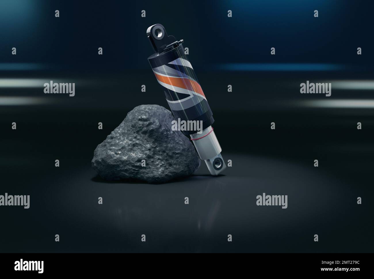 Shock absorber, leaning on a rough rock. Reflecting environment with ...