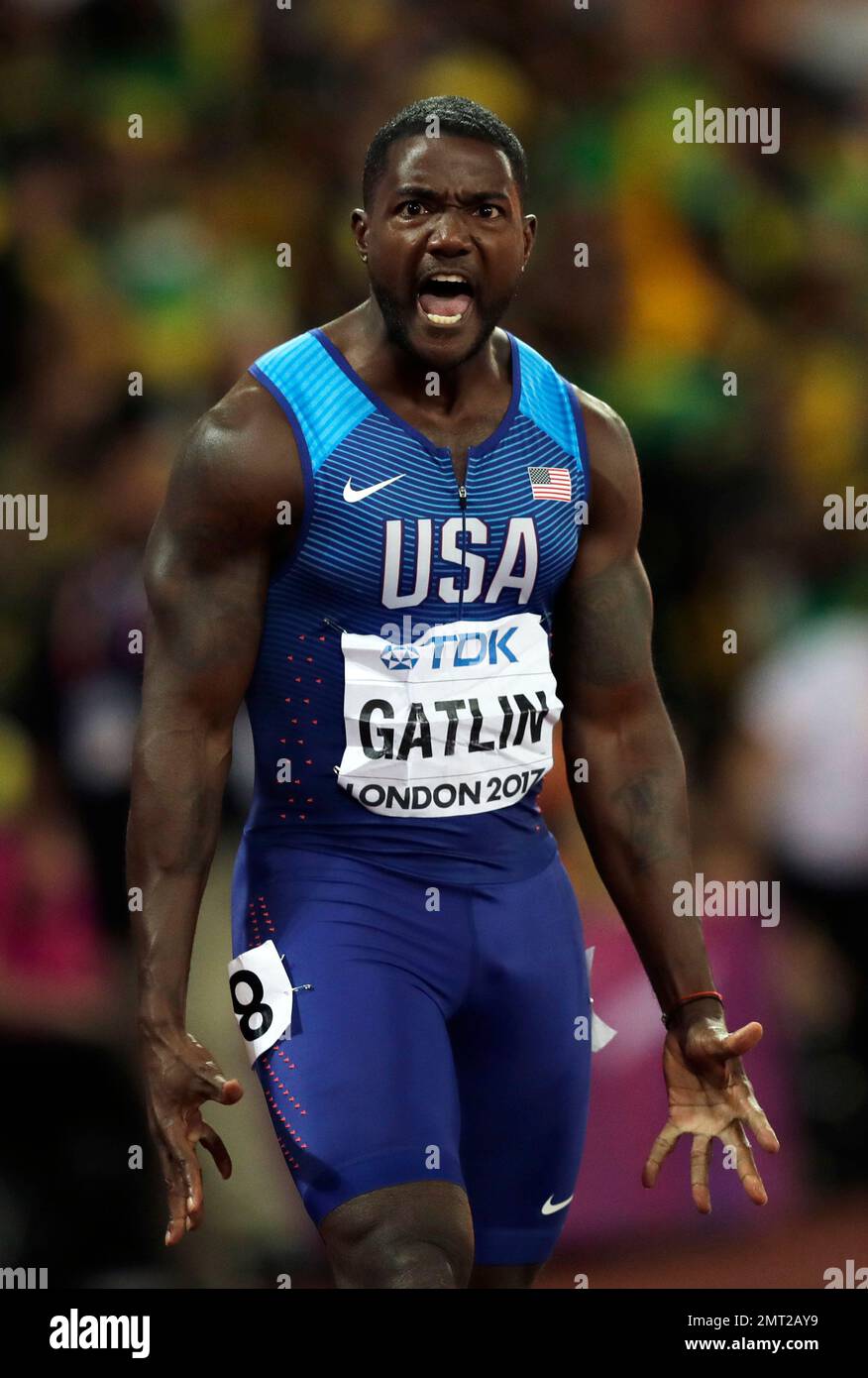 United States' Justin Gatlin reacts after winning the Men's 100 meters ...