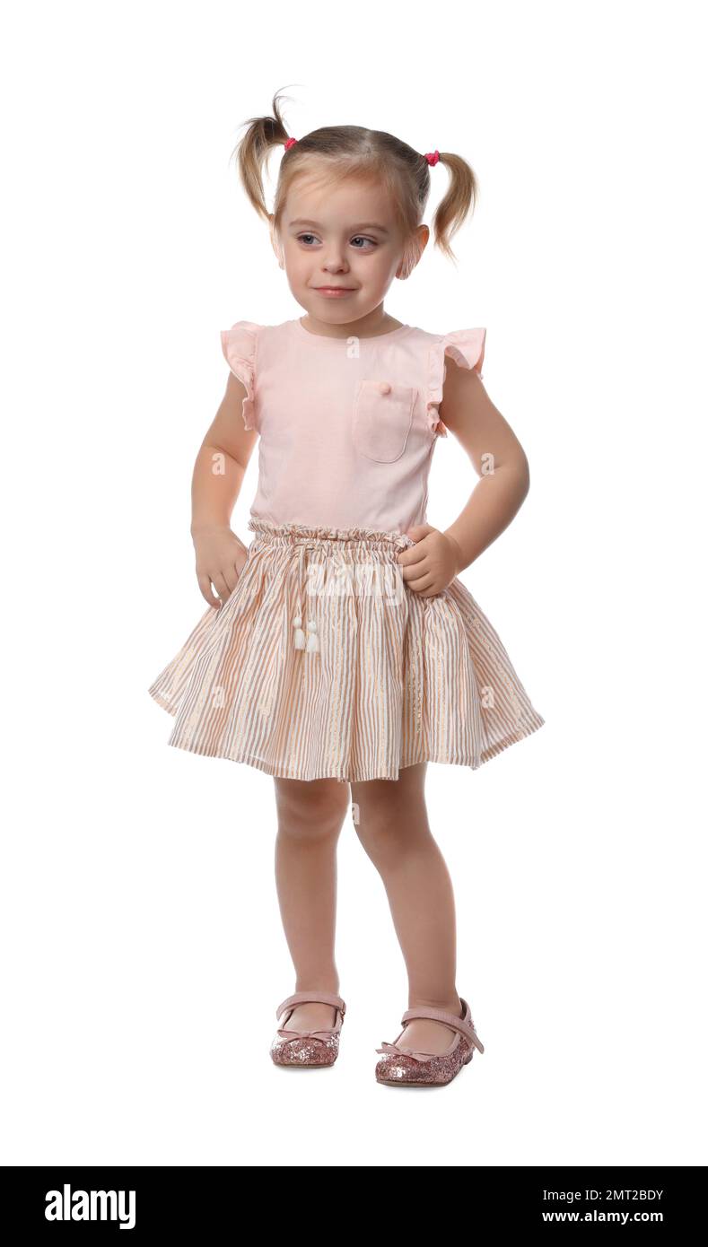 Little girl in cute clothes on white background Stock Photo - Alamy