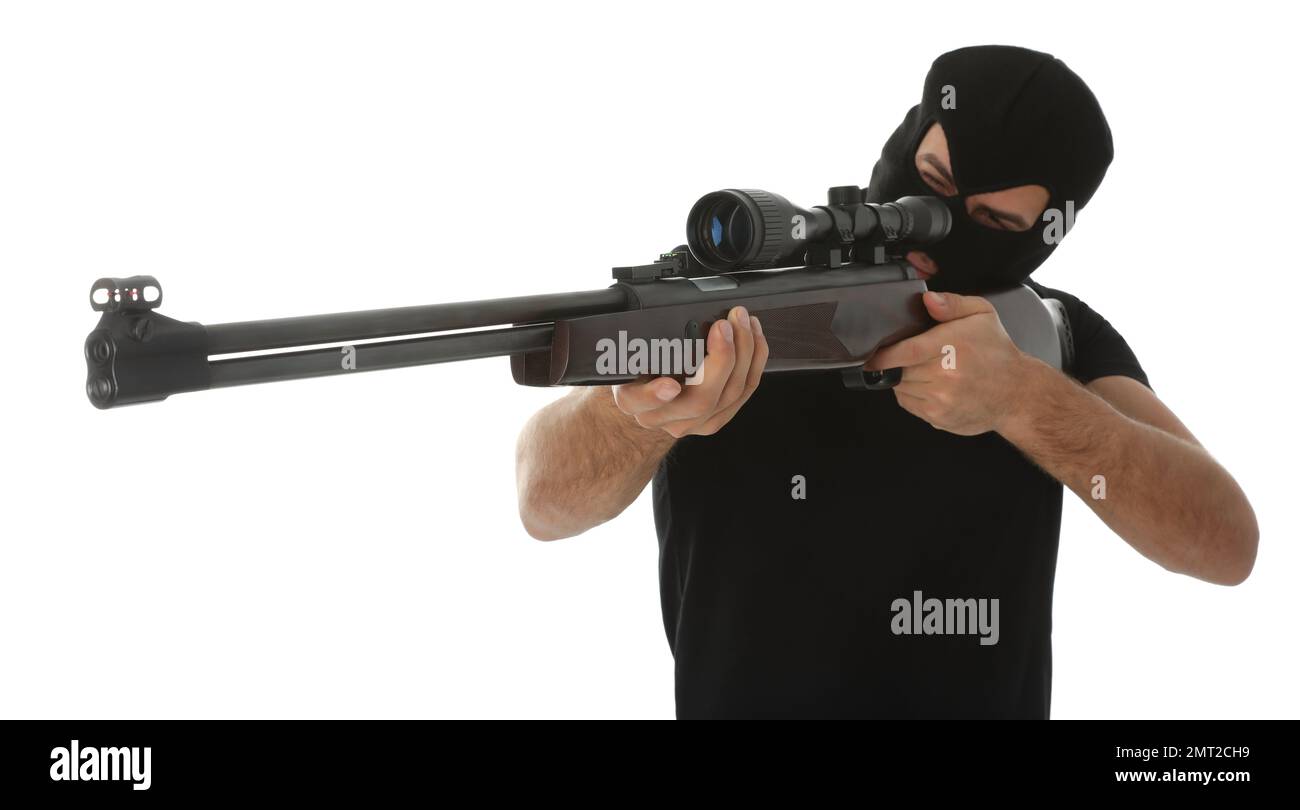 Professional killer with sniper rifle on white background Stock Photo ...