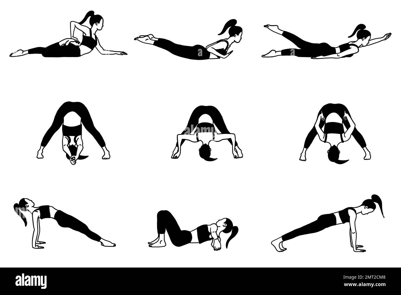 Yoga poses collection. Black and white. Female woman girl. Vector ...