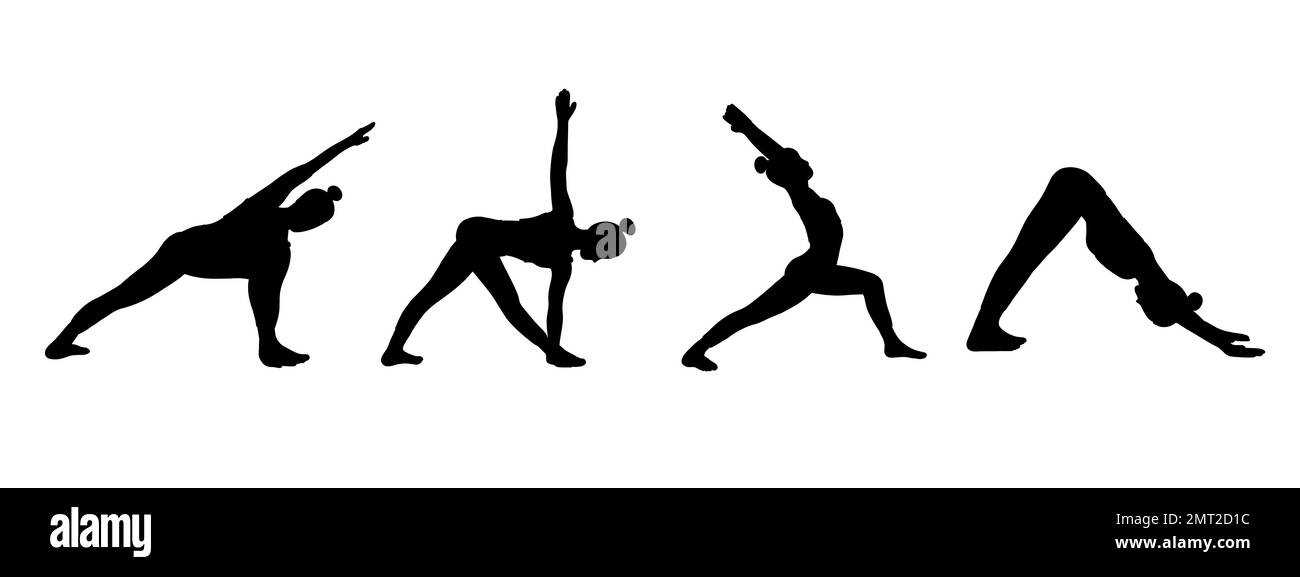 Yoga poses collection. Black shadow. Female woman girl. Vector illustration in cartoon flat ...
