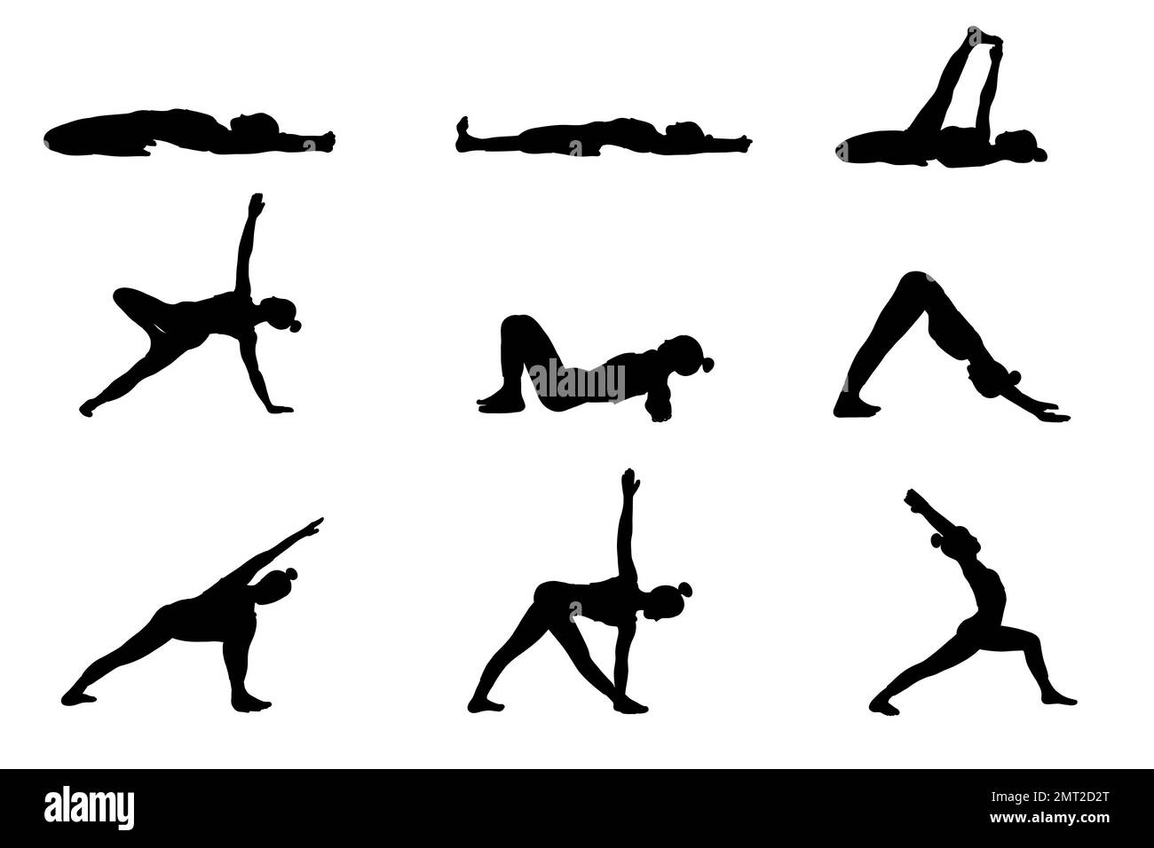 Yoga poses collection. Black shadow. Female woman girl. Vector ...